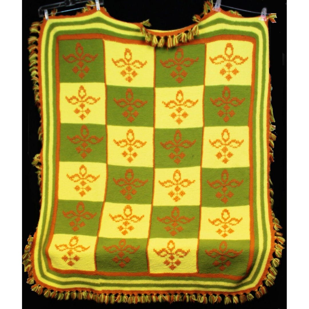 Vtg 70s Green Yellow Checkered Afghan Throw Blanket Floral Crest Knot ...
