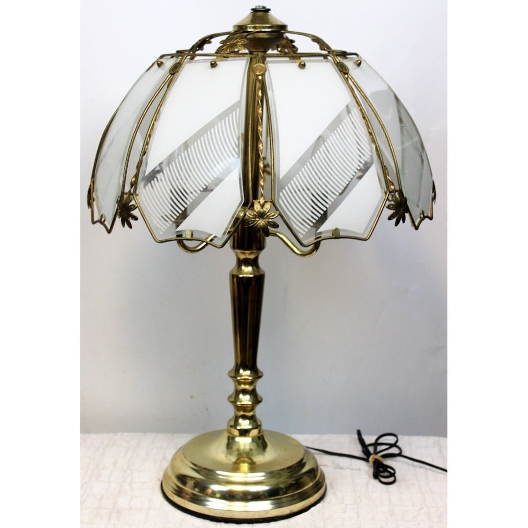 Vtg 80s Glass Panel Metal Touch Table Lamp Dimmer Glass Panel Shade ...