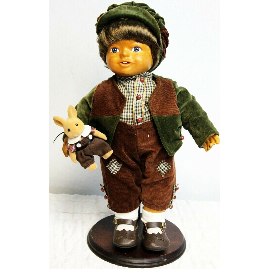 Vtg 1990 Zasan Wooden Doll 16 W/stand Boy Flocked Bunny Corduroy Outfit ...