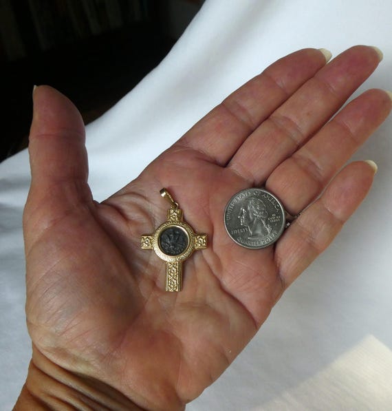 14k Gold Ancient Greek Coin Trident Poseidon Cross Pe… - Gem