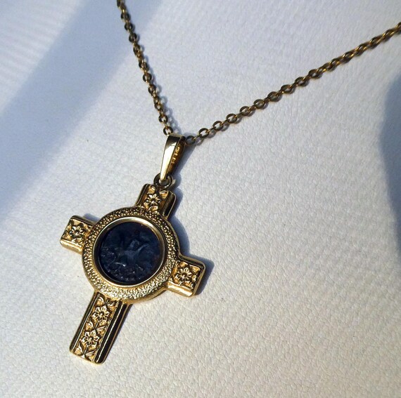 14k Gold Ancient Greek Coin Trident Poseidon Cross Pe… - Gem