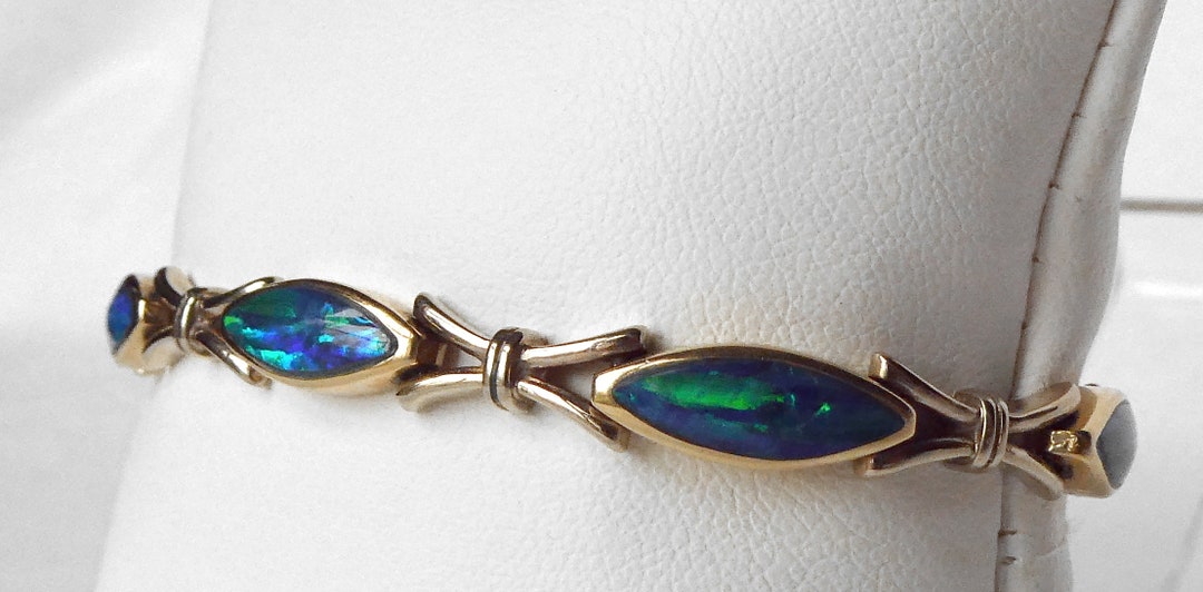 14k Gold Australian Black Opal Inlay Bow Tie Tennis Bracelet Vibrant ...