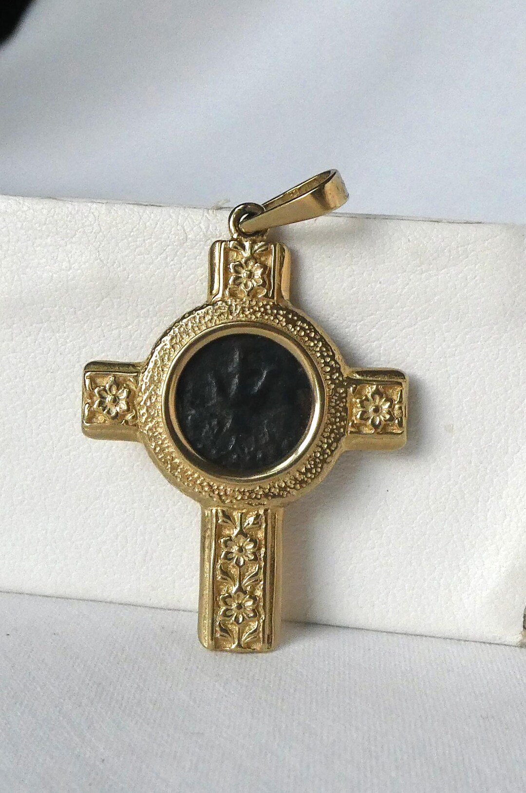 14k Gold Ancient Greek Coin Trident Poseidon Cross Pendant Raised ...