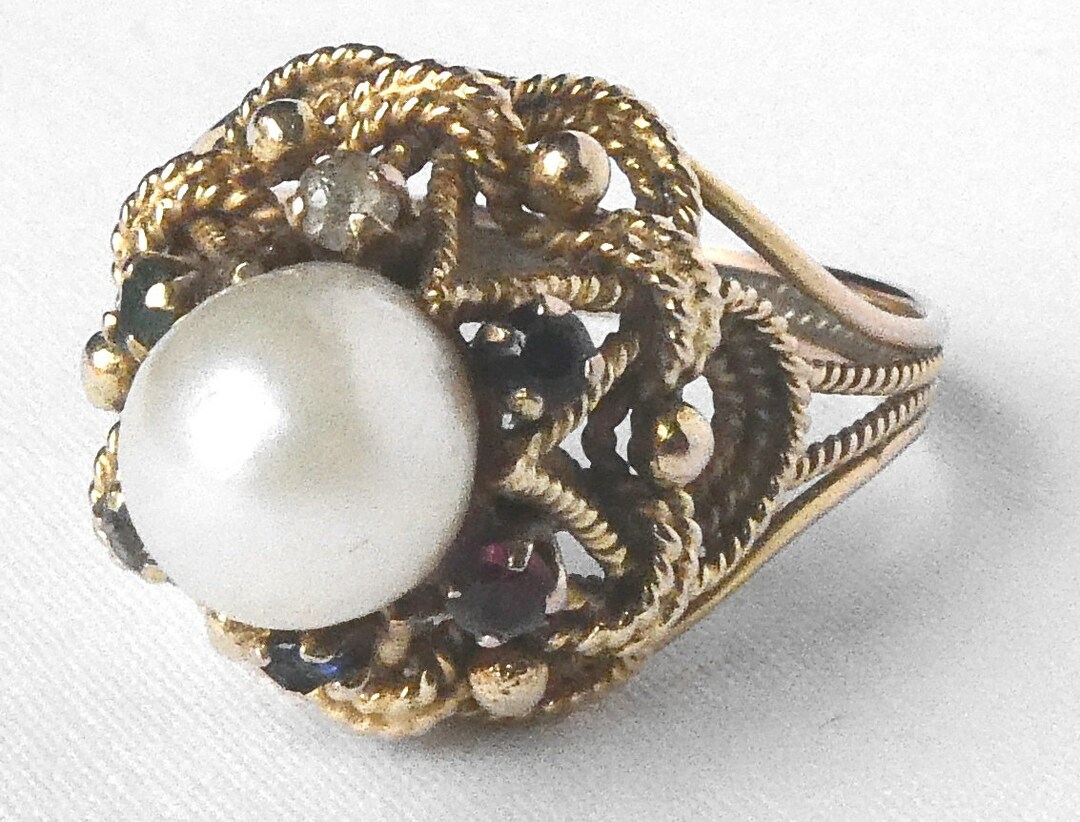 Vintage 14k Gold Baroque Pearl Multi Gemstone Etruscan Princess Harem ...