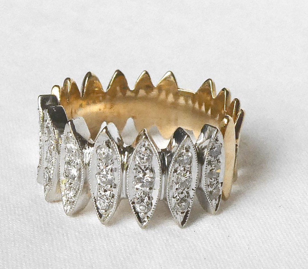 Vintage 14k Gold Pave Diamond Crown Navette Spiky Wide Cigar Band Ring ...