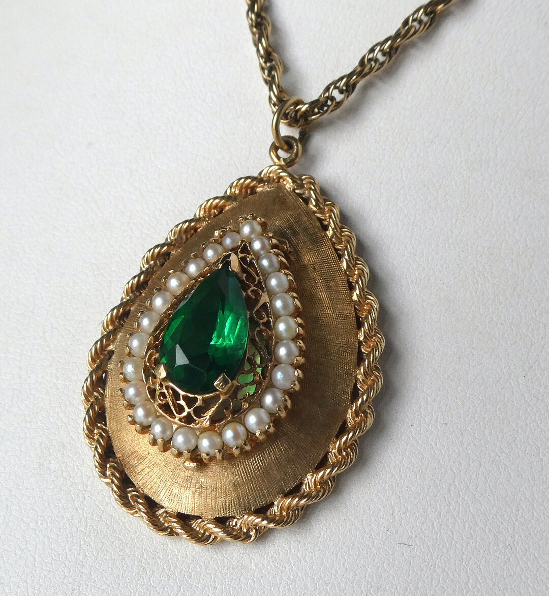 HUGE 14K Gold Vintage Faux Emerald Seed Pearl Teardrop Locket Charm ...