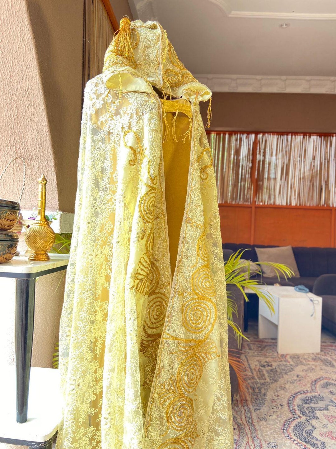 Lace Bridal Cloak Golden Yellow Bridal African Costume Embroidered ...