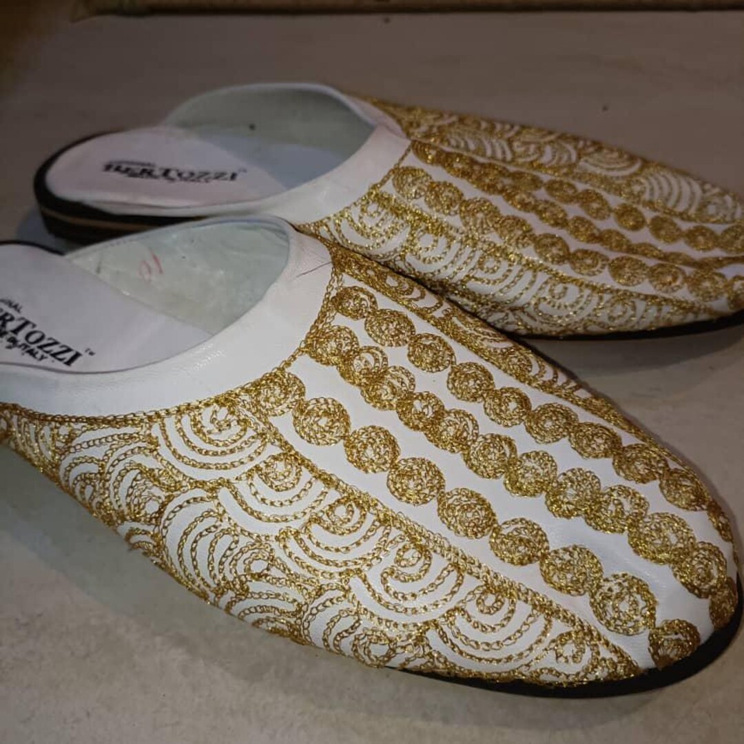 Hausa Traditional Embroidered Royal Shoes Unisex White & Gold Handmade ...