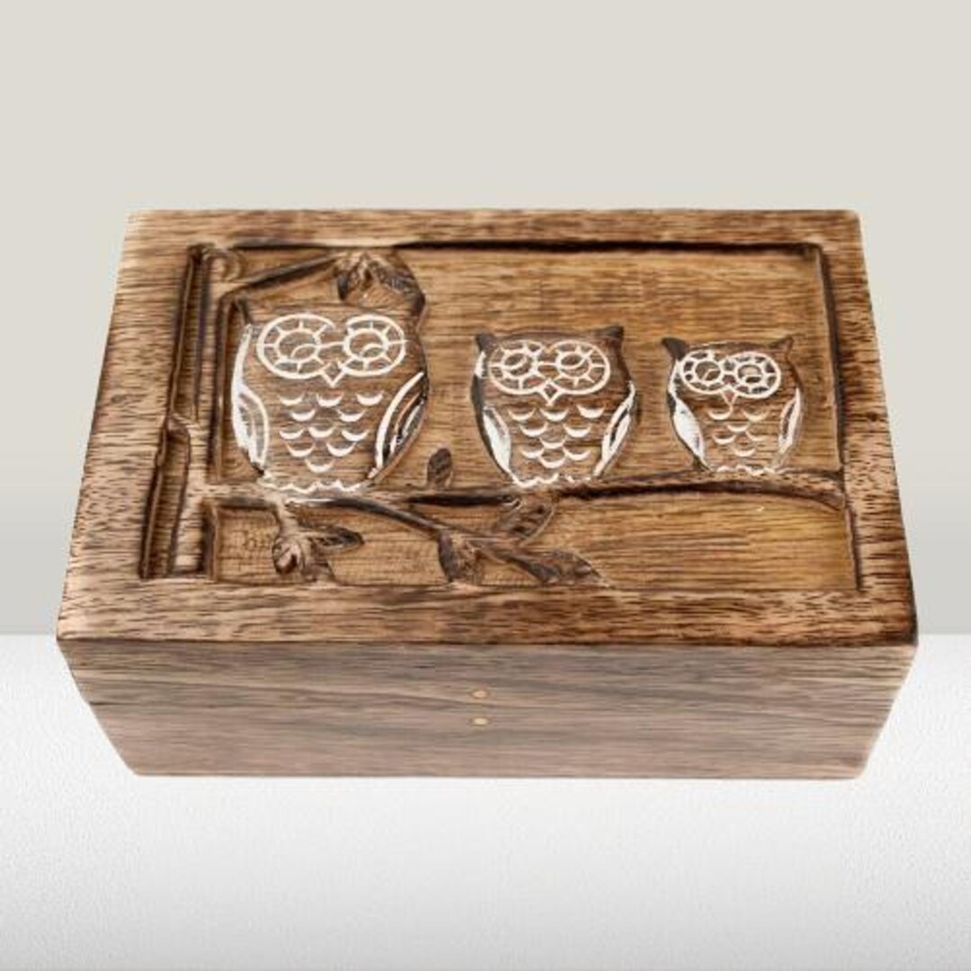 Hand-carved Mango Wood Box Owl Carved Wood Three Owls Carving Storage Box Keepsakes Jewellery ...