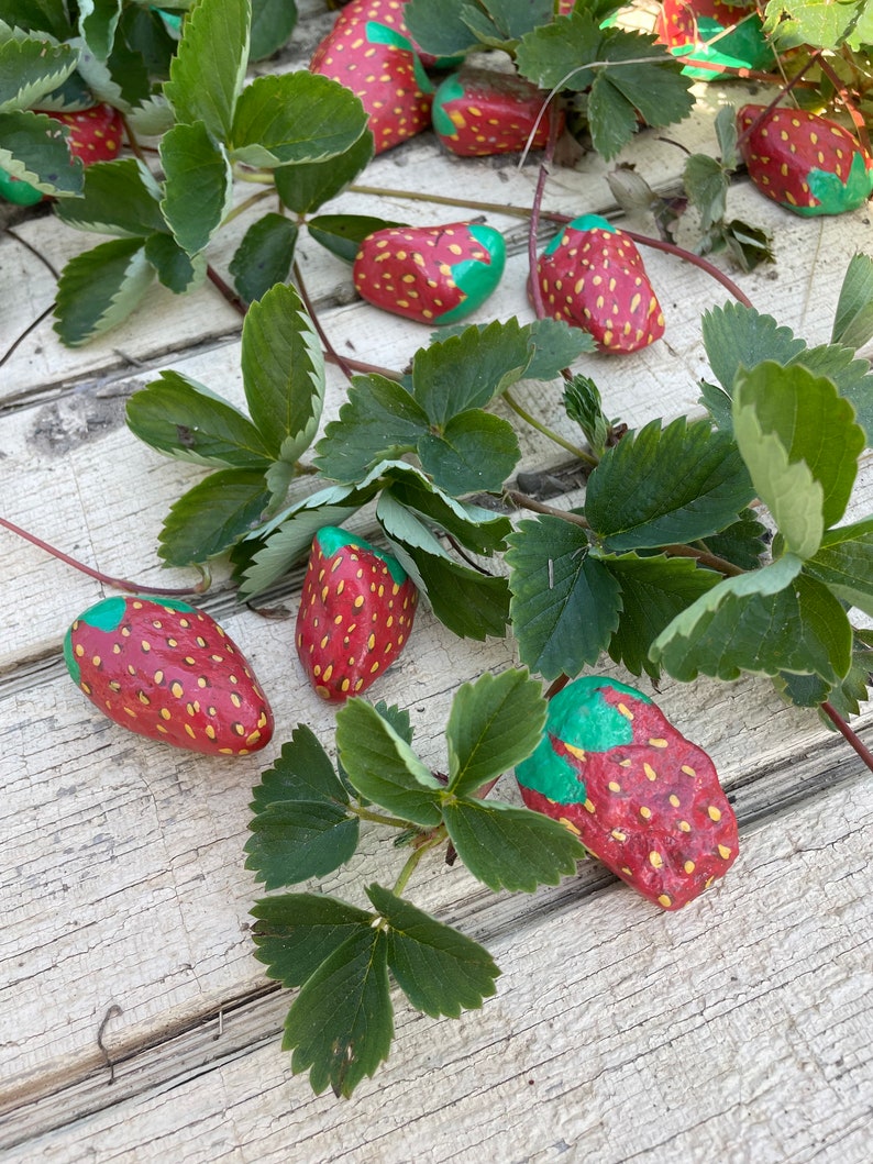 Strawberry Painted Rocks (set of 6) – Bird Deterrent Garden Decor - Etsy