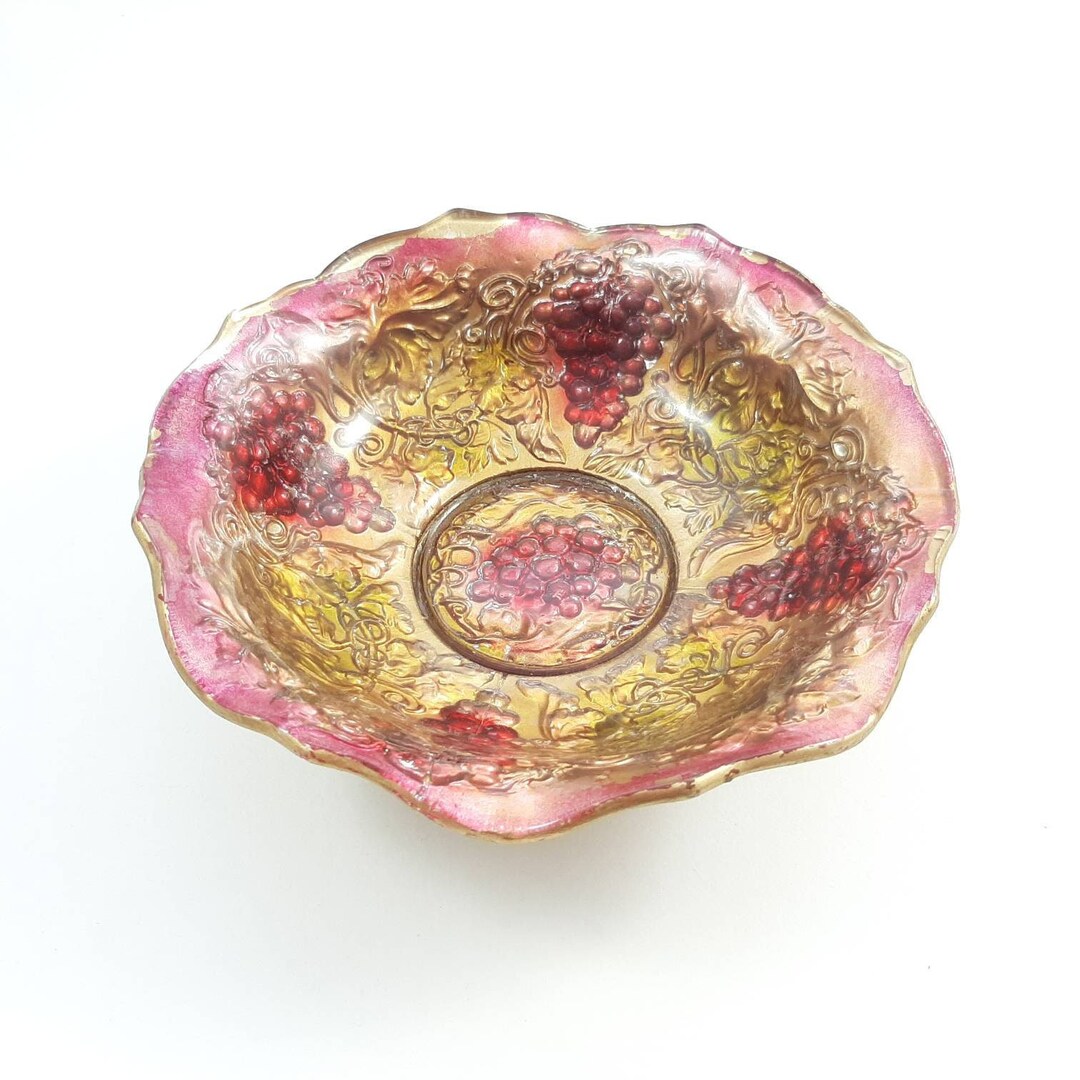 Vintage Goofus Glass Bowl, Red and Gold, Grapes Pattern, Reverse ...