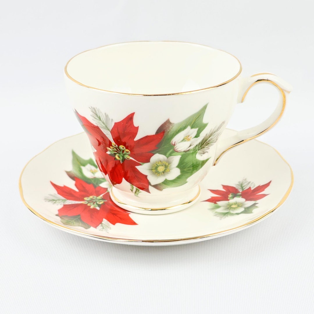 Vintage Poinsettia Tea Cup and Saucer, Christmas Gift, Winter Tea Cup ...