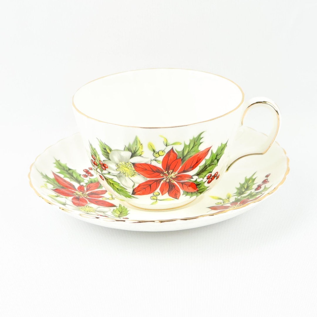 Vintage Poinsettia Tea Cup and Saucer, Christmas Gift, Winter Tea Cup ...