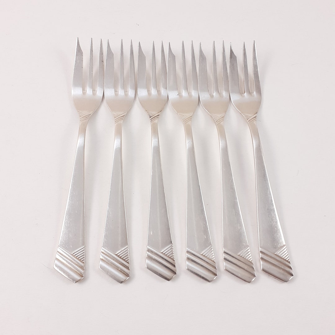 Set of 6 Cake Forks With Geometric Pattern, Silver Plated Dessert Forks ...