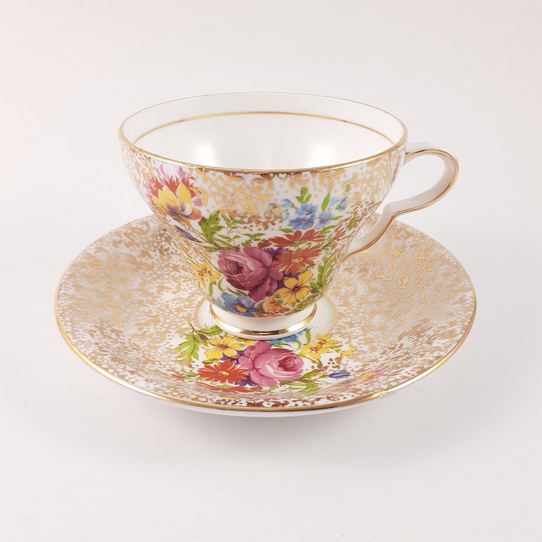 Teacup and Saucer With Flowers and Gold Chintz by Clare, Vintage Bone ...