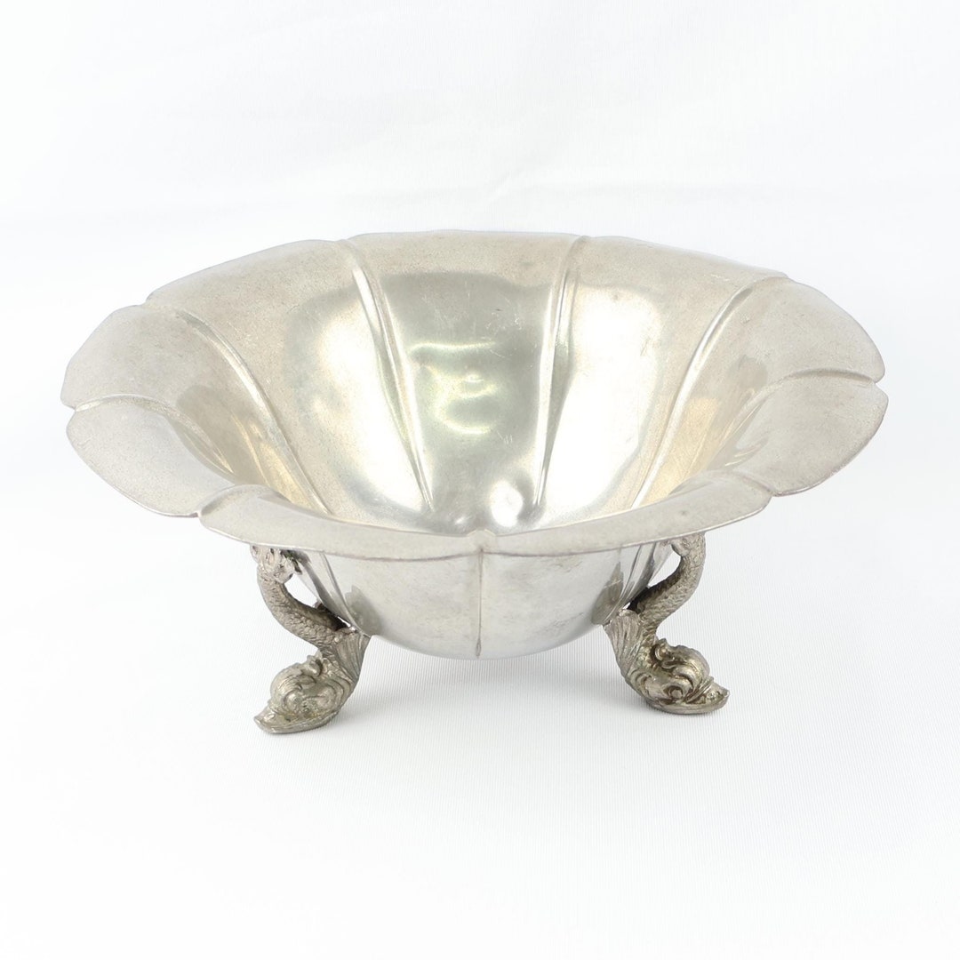 Large Pewter Bowl With Fish Feet, Footed Bowl, Rustic Home Decor, Round ...