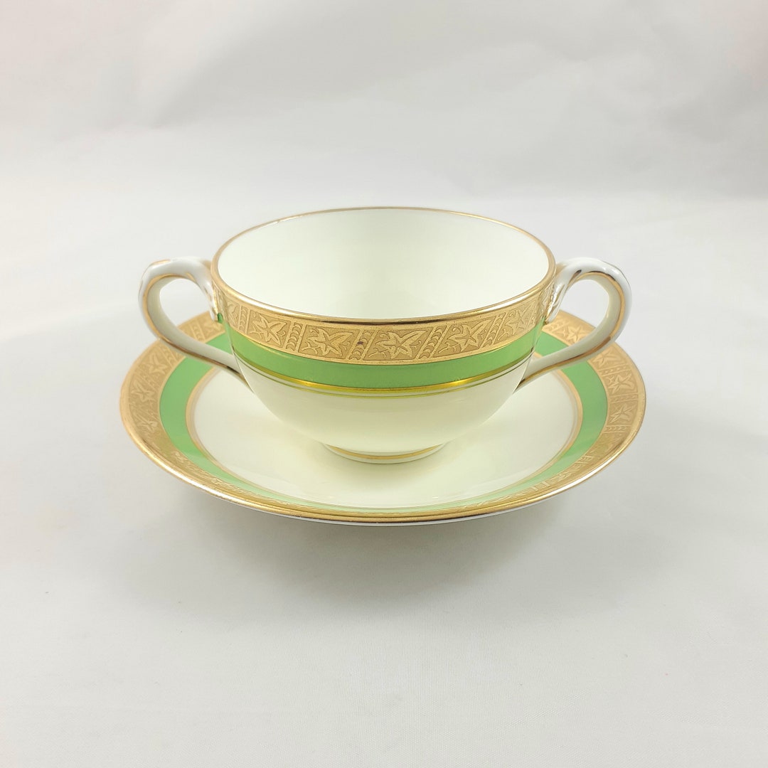 Cauldon Double Handle Tea Cup and Saucer Green and Gold - Etsy