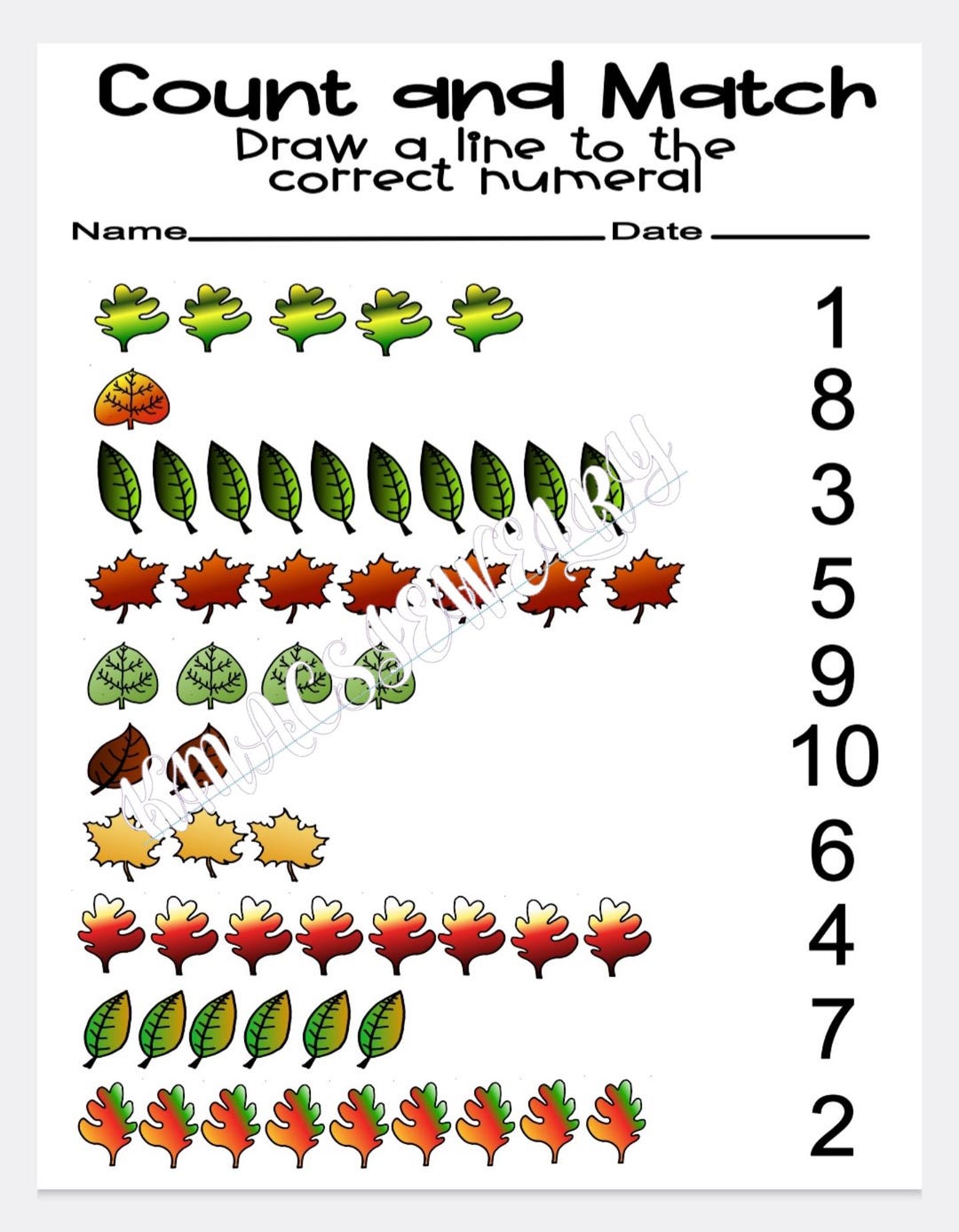 Fall Leaf Count and Match Digital Worksheet 1-10 - Etsy