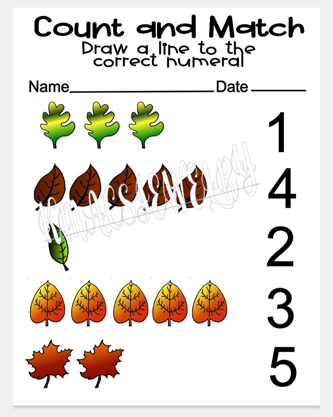 Fall Leaves Count and Match Digital Download Worksheet 1-5. - Etsy Fall Leaves Count and Match Digital Download Worksheet 1-5. - Etsy