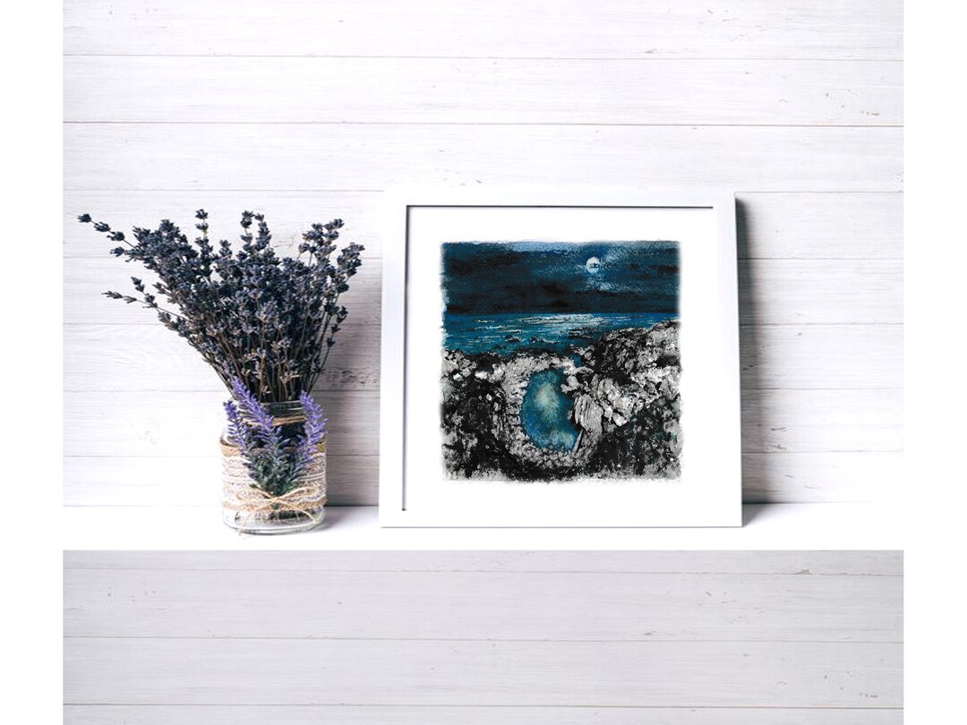 Art Print Full Moon Over Chapel Tidal Pool Polperro A4 Colour Print of ...