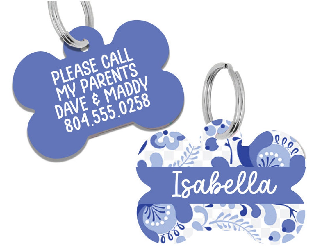 Personalized Dog ID Tag, Watercolor Porcelain Blue Floral Pet Tag, Dog ...