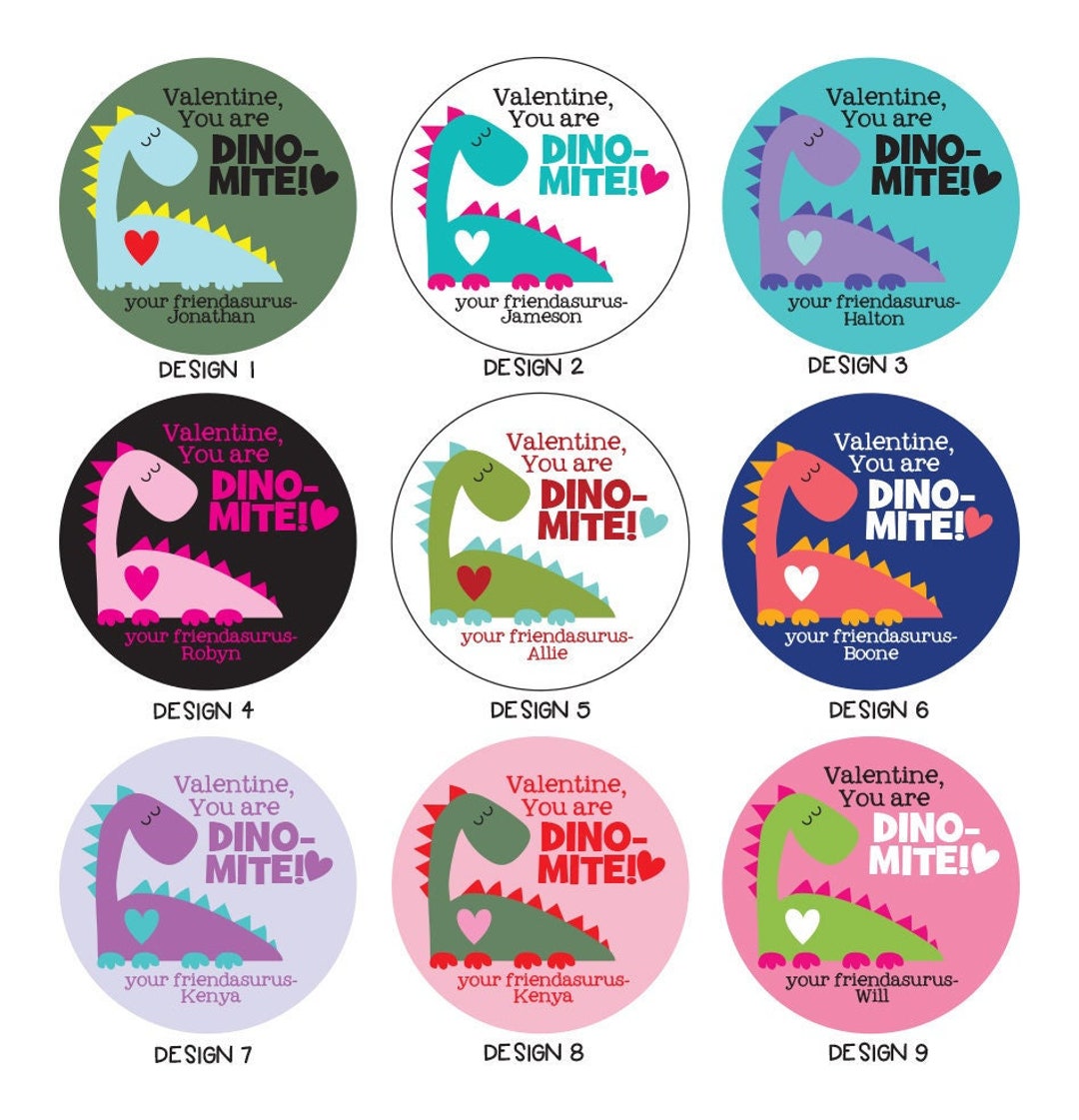 Personalized Valentine Sticker, Dinosaur Valentines Day Treat Bag Label ...