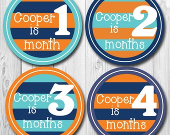 Baby Monthly Stickers for Boys Orange and Teal Months 1-12 - Etsy
