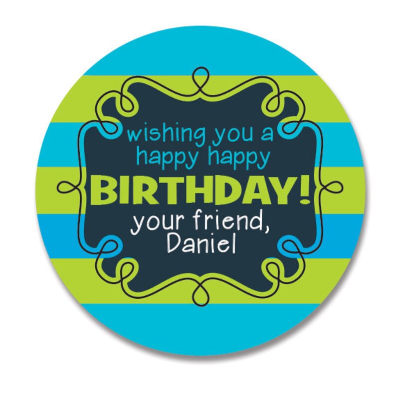 Personalized Birthday Stickers, Blue and Green Striped Gift Labels ...