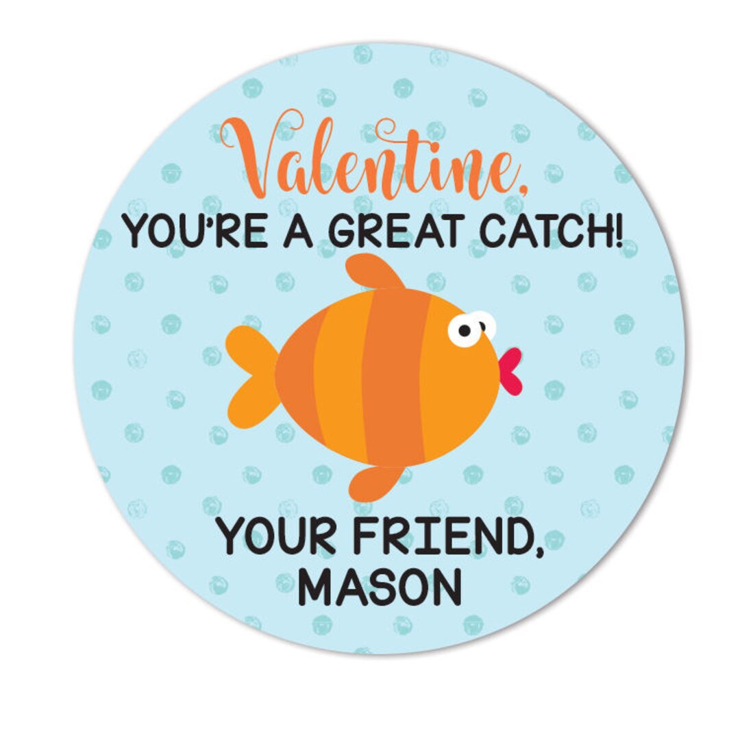 Fishy Valentine Day Stickers, Gold Fish Treat Stickers, Great Catch ...