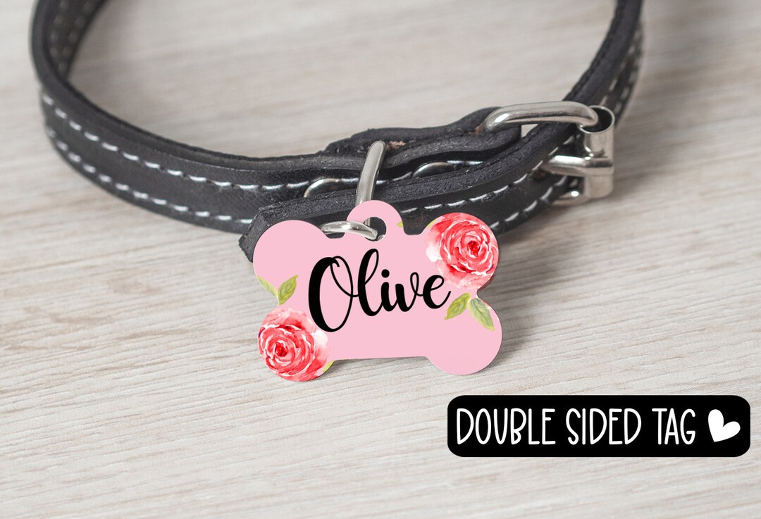 Pink Floral Dog Tag for Dogs, Personalized Name ID Tag for Dogs, Double ...