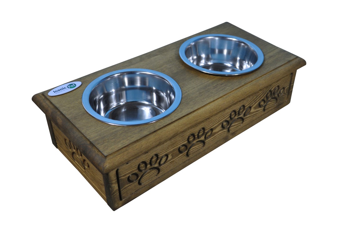 Pine Wood Pet Double Diner: Small Dog & Cat Feeder With Steel Bowls - Etsy