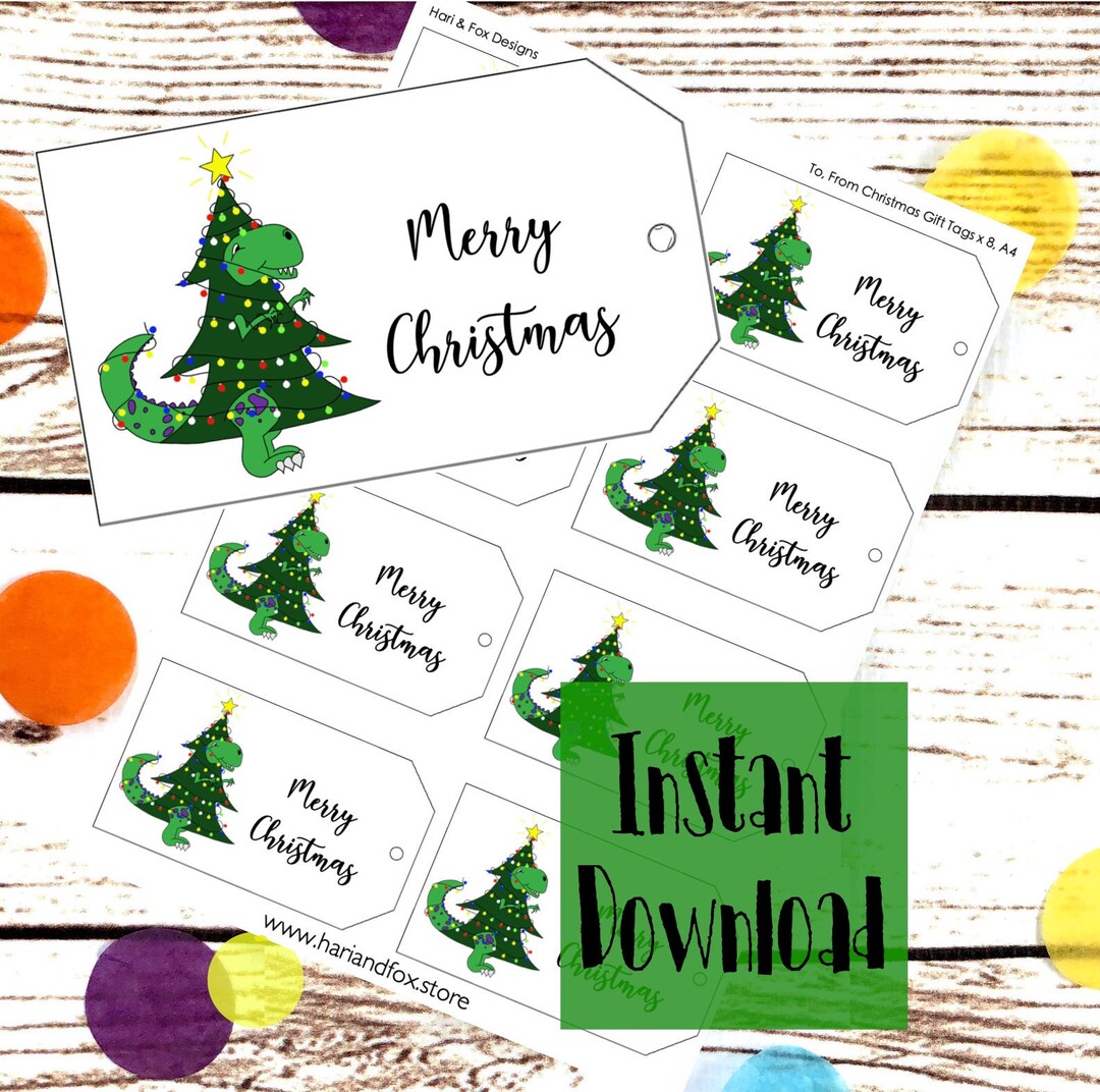 Merry Christmas Dinosaur Printable Gift Tags | 8 Tags on a Page - Etsy