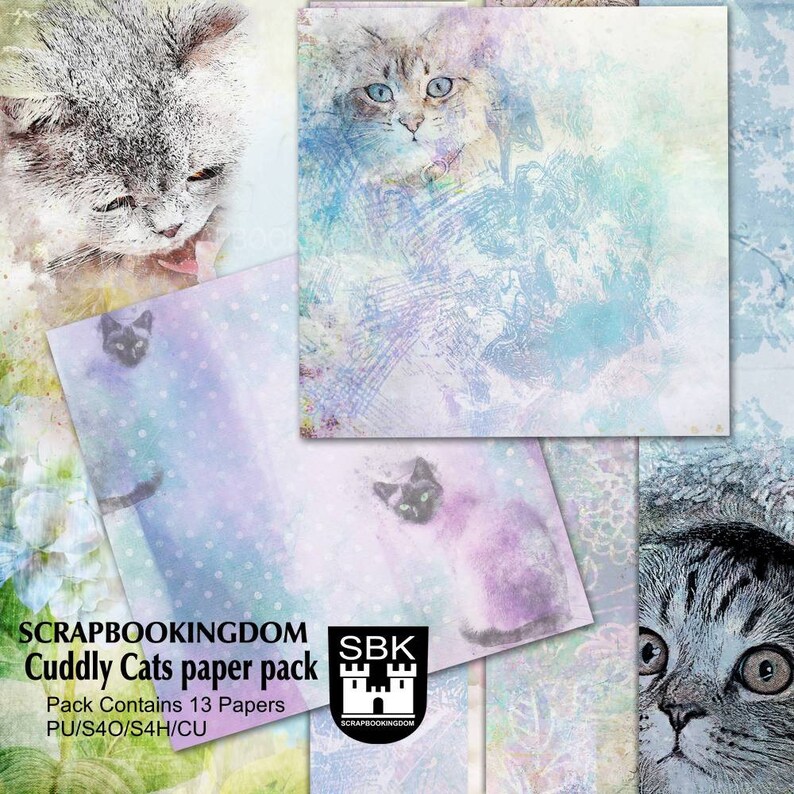 Cat Theme Digital Scrapbook Papers CUDDLY CATS 13 Papers All | Etsy