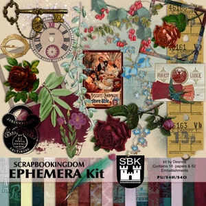 EPHEMERA Digital Scrapbook Kit Feathers, Locks, Flowers, Clocks, Keys ...