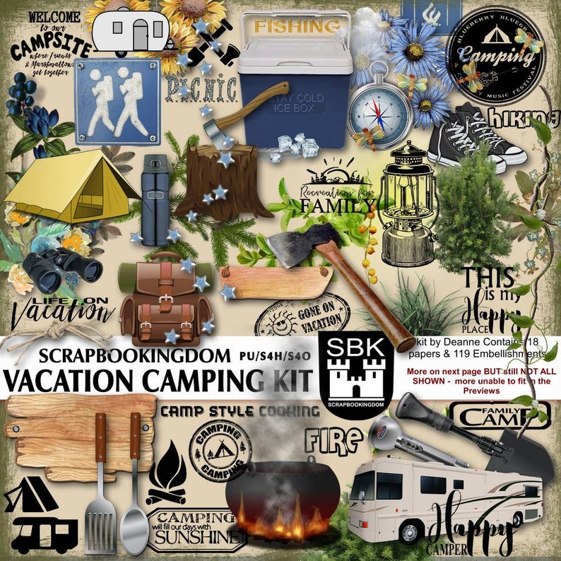 Vacation Camping Digital Scrapbook Kit Outdoors Papers, Tents, Camping ...