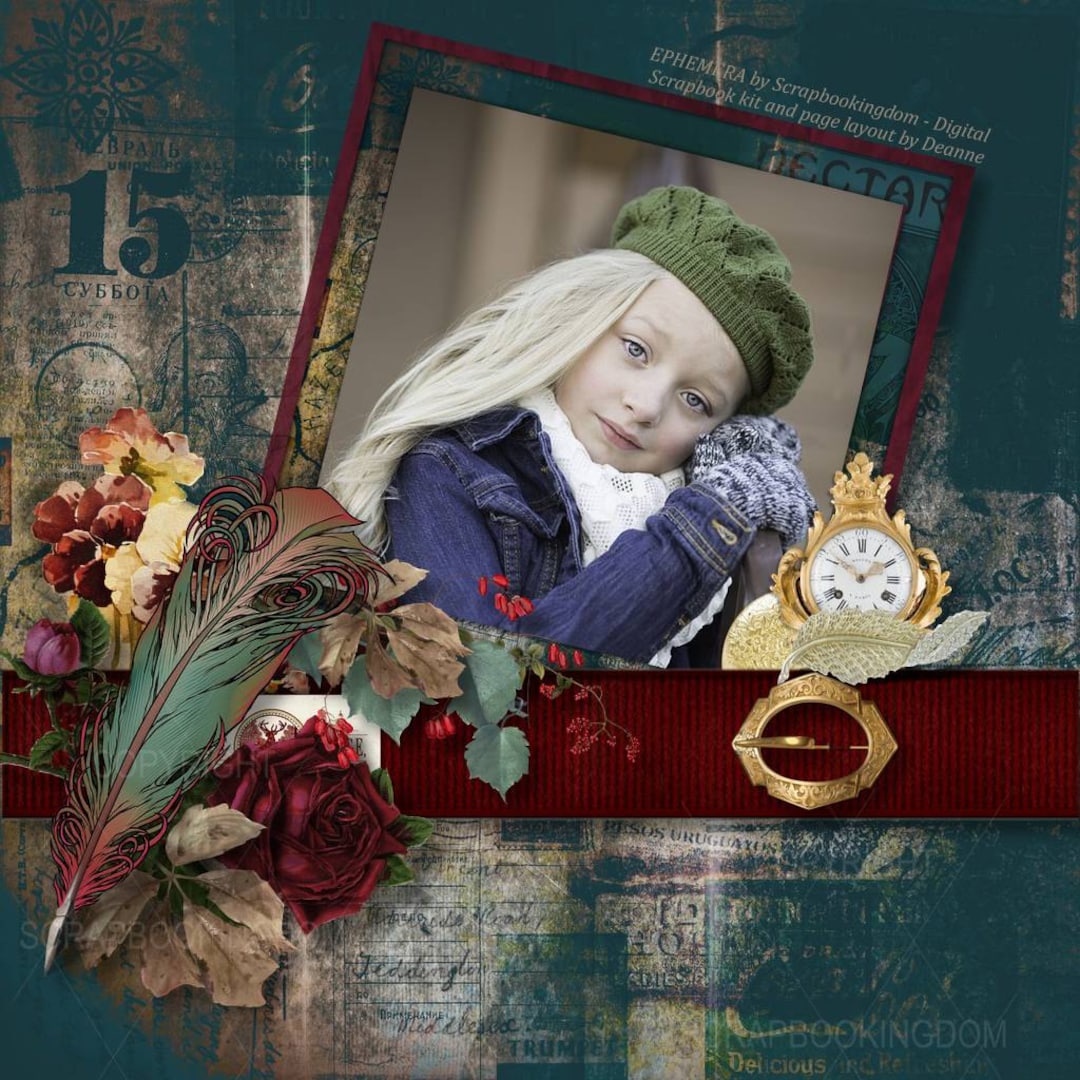 EPHEMERA Digital Scrapbook Kit Feathers, Locks, Flowers, Clocks, Keys ...
