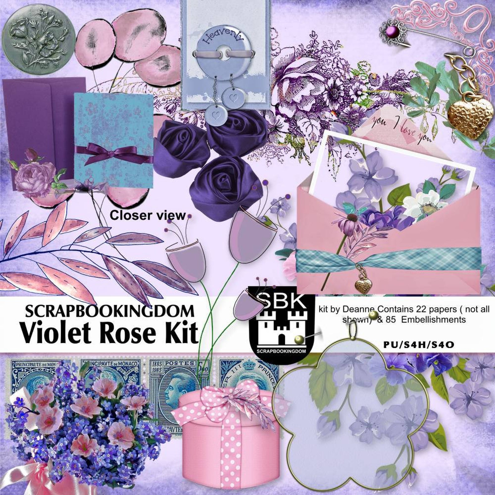 VIOLET ROSE Digital Scrapbook Kit Turned Page Corners, Hearts, Flowers ...