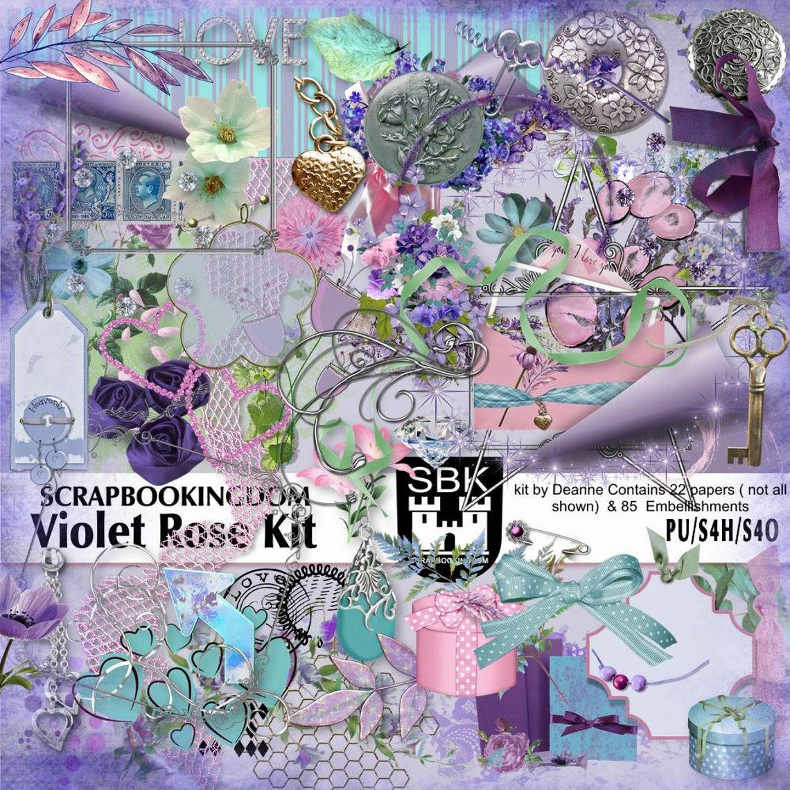 VIOLET ROSE Digital Scrapbook Kit Turned Page Corners, Hearts, Flowers ...