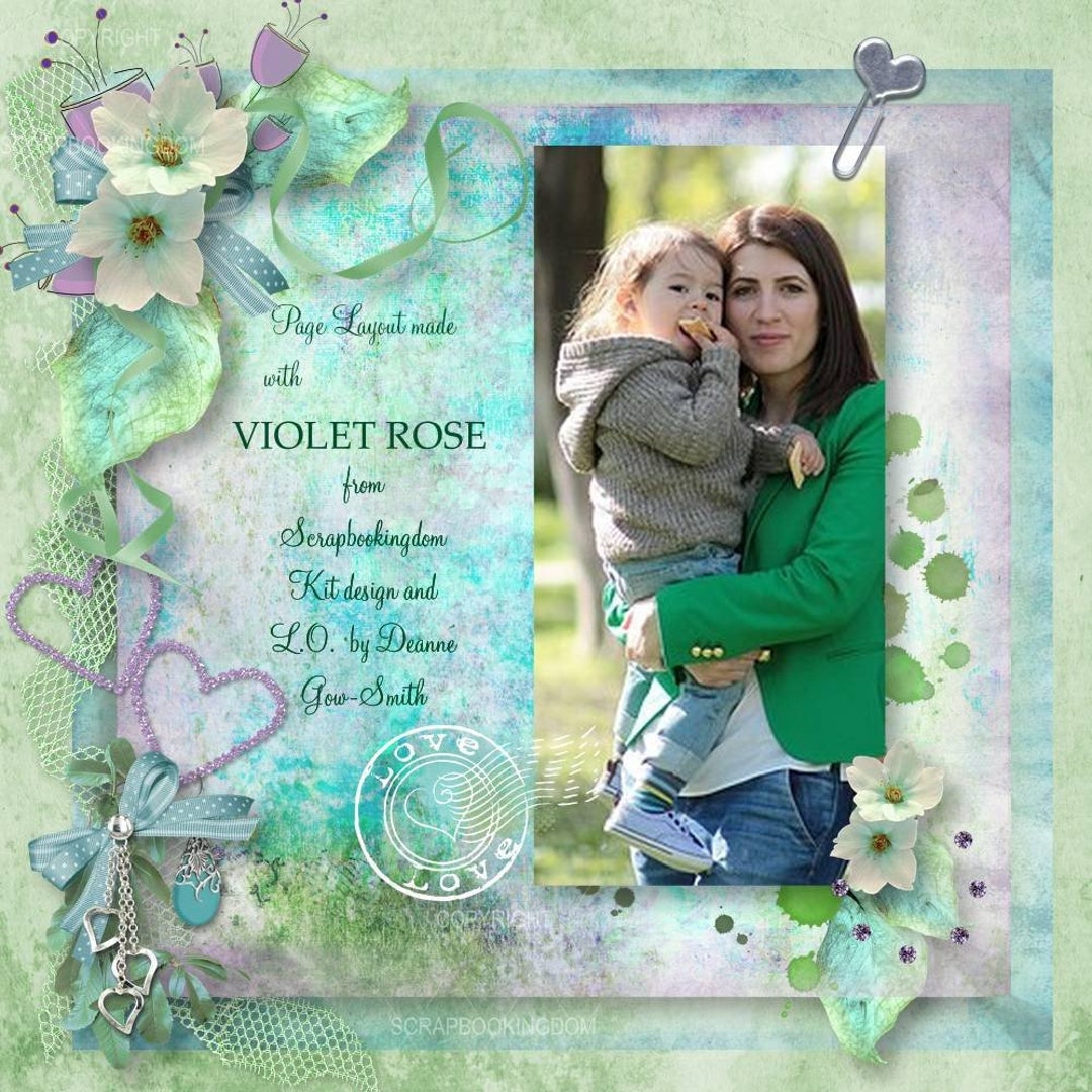 VIOLET ROSE Digital Scrapbook Kit Turned Page Corners, Hearts, Flowers ...