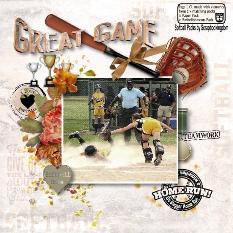 Softball Digital Scrapbooking Kit - Papers and Embellishments, Love the ...