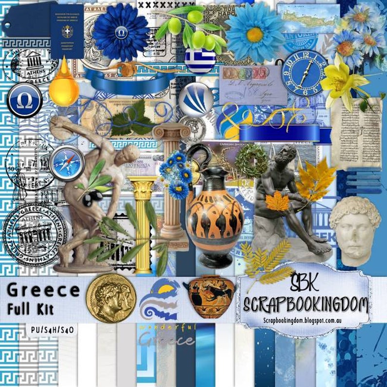 GREECE Digital Scrapbooking Kit 67 Embellishments and 19 Papers , Urns ...
