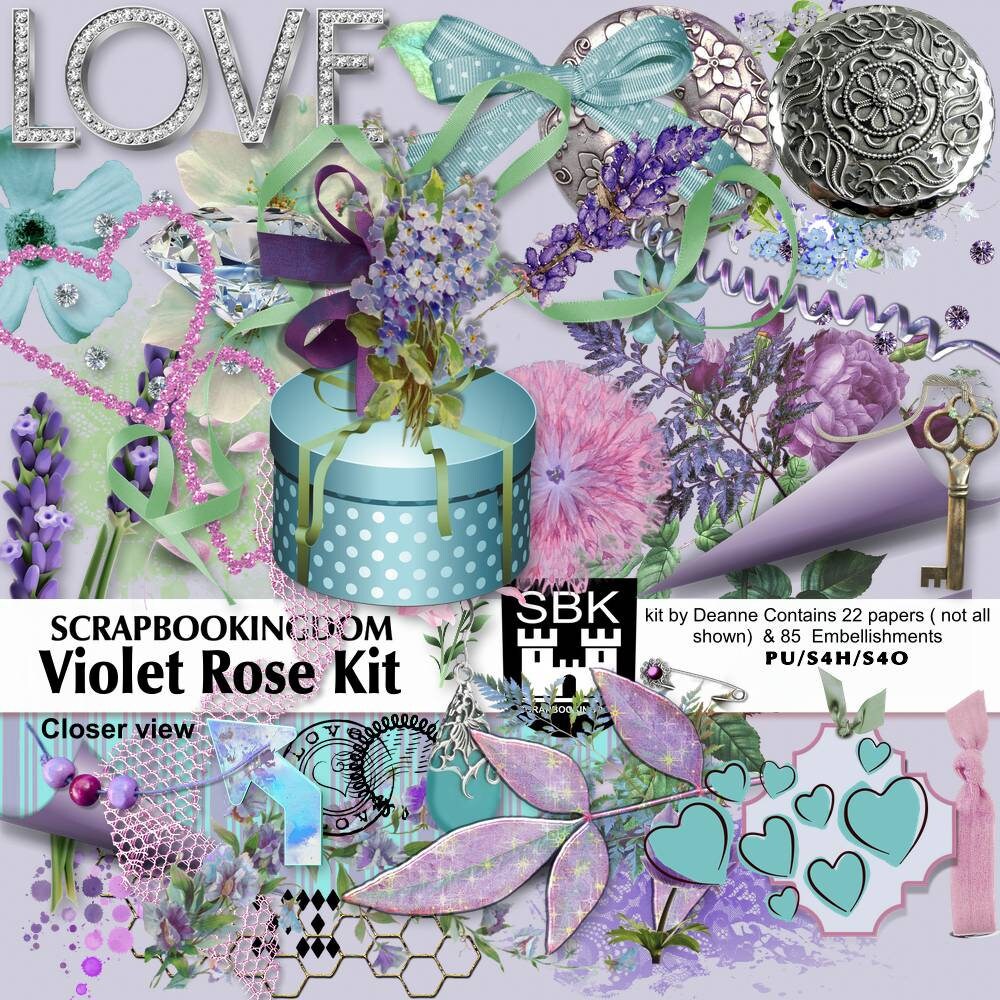 VIOLET ROSE Digital Scrapbook Kit Turned Page Corners, Hearts, Flowers ...