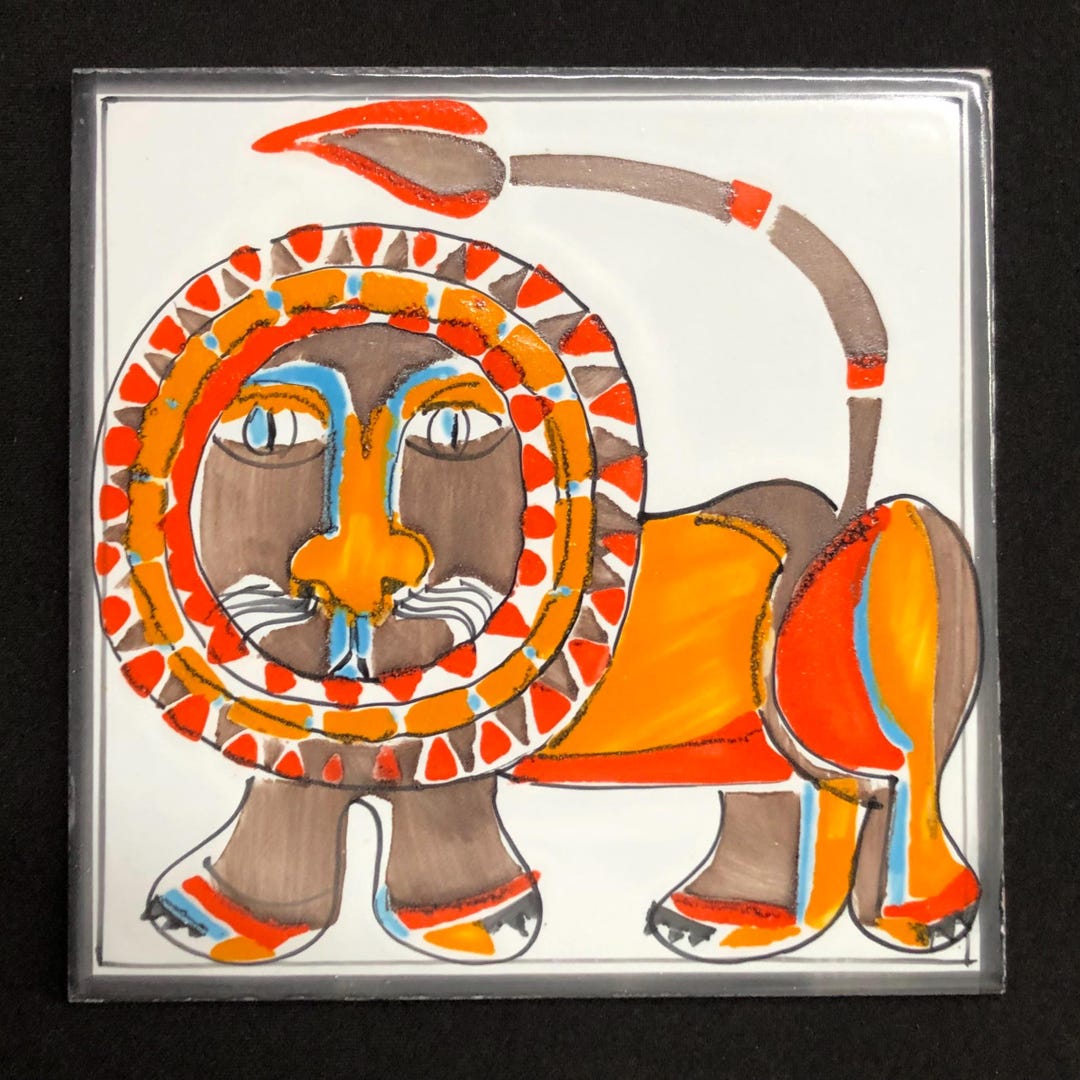 Italian Micronizzato Mid Century Style Hand Painted Ceramic Lion Tile 8 ...