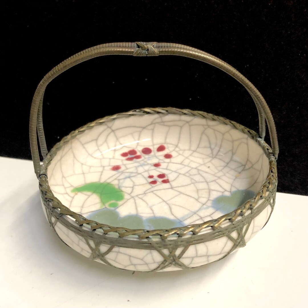Vintage Awaji Ware Metal Clad Ceramic Bowl Basket Antique Japanese ...