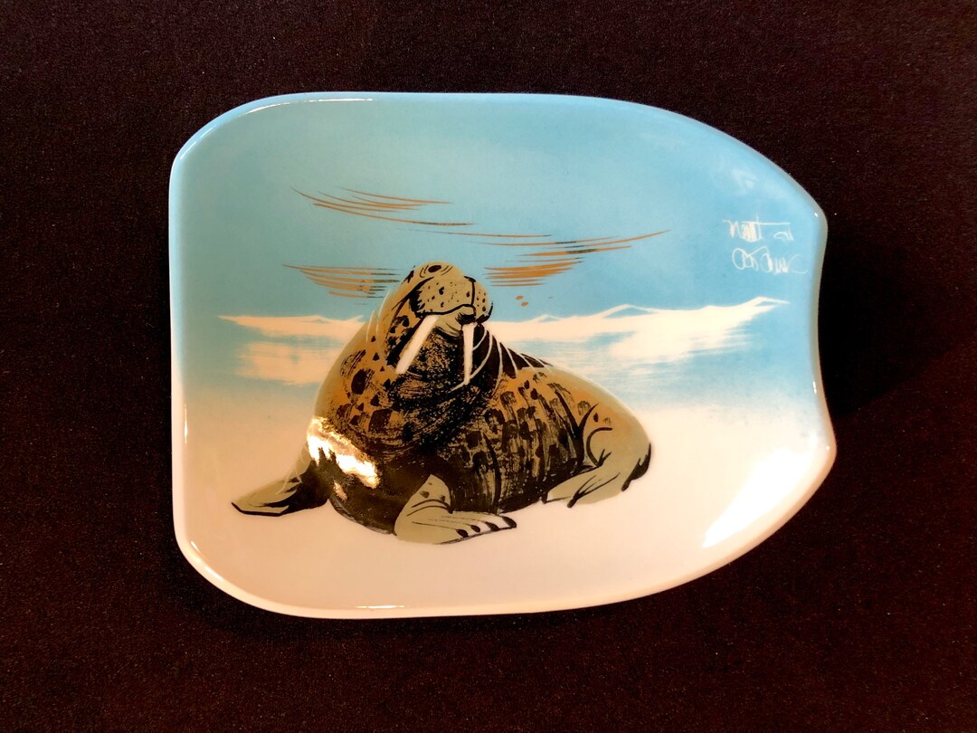 Matthew Adams Walrus Hand Painted Bowl Alaskan Inuit Eskimo Mid Century ...