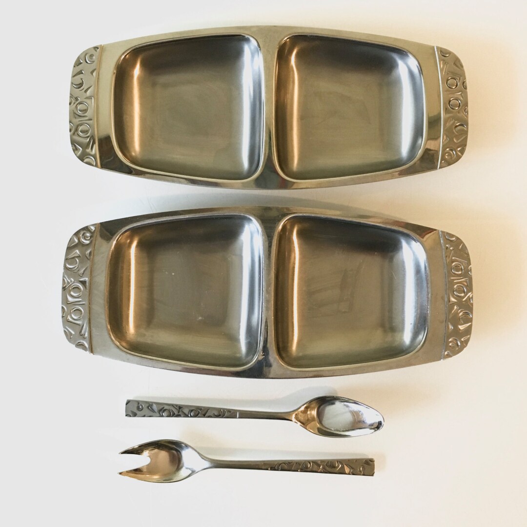 Pair of Alessi Int'l Stainless Relish Dishes With Serving Fork and ...