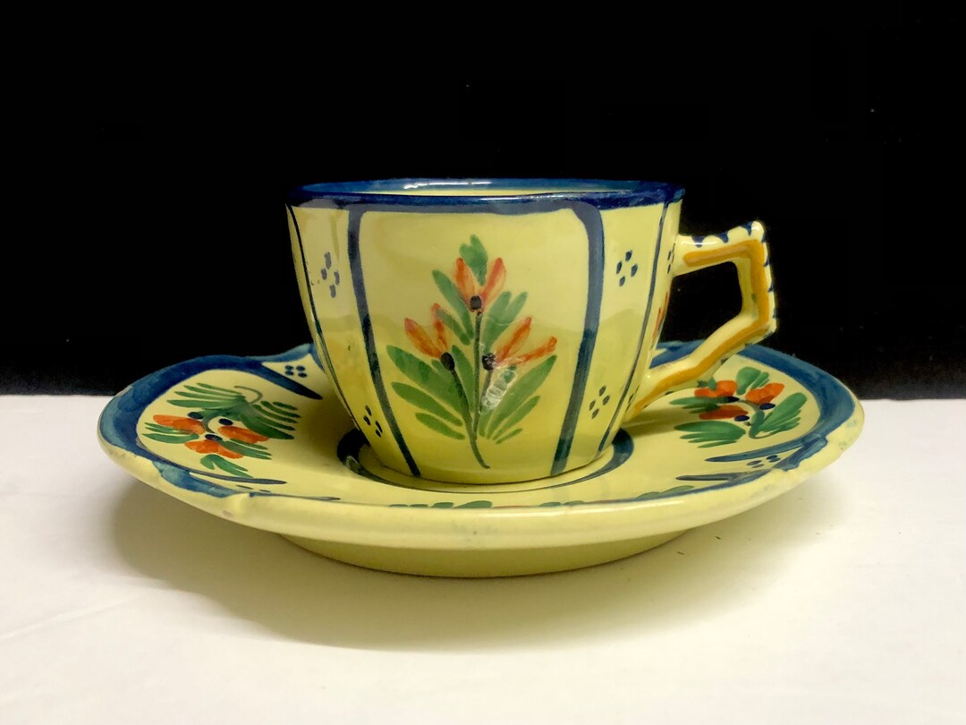 HB Quimper Cup and Saucer Cream Yellow Faience Rustic French Folk ...