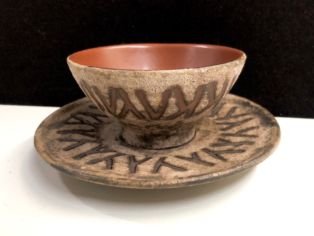 Ceramano Tea Bowl Cup and Saucer Runes Fat Lava Mid Century Brutalist ...