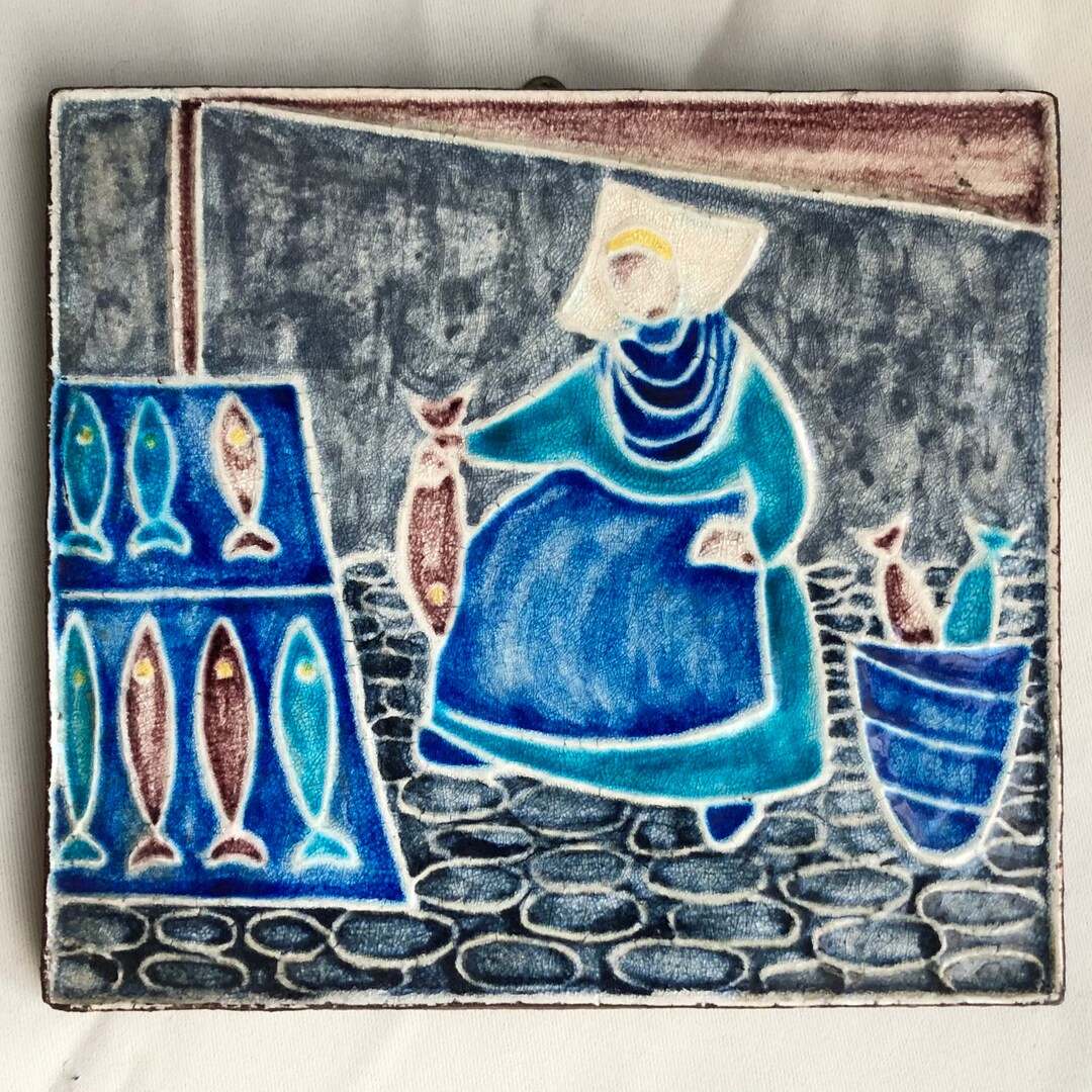 Knabstrup Pottery Fish Seller Stoneware Wall Tile Mid Century Danish ...