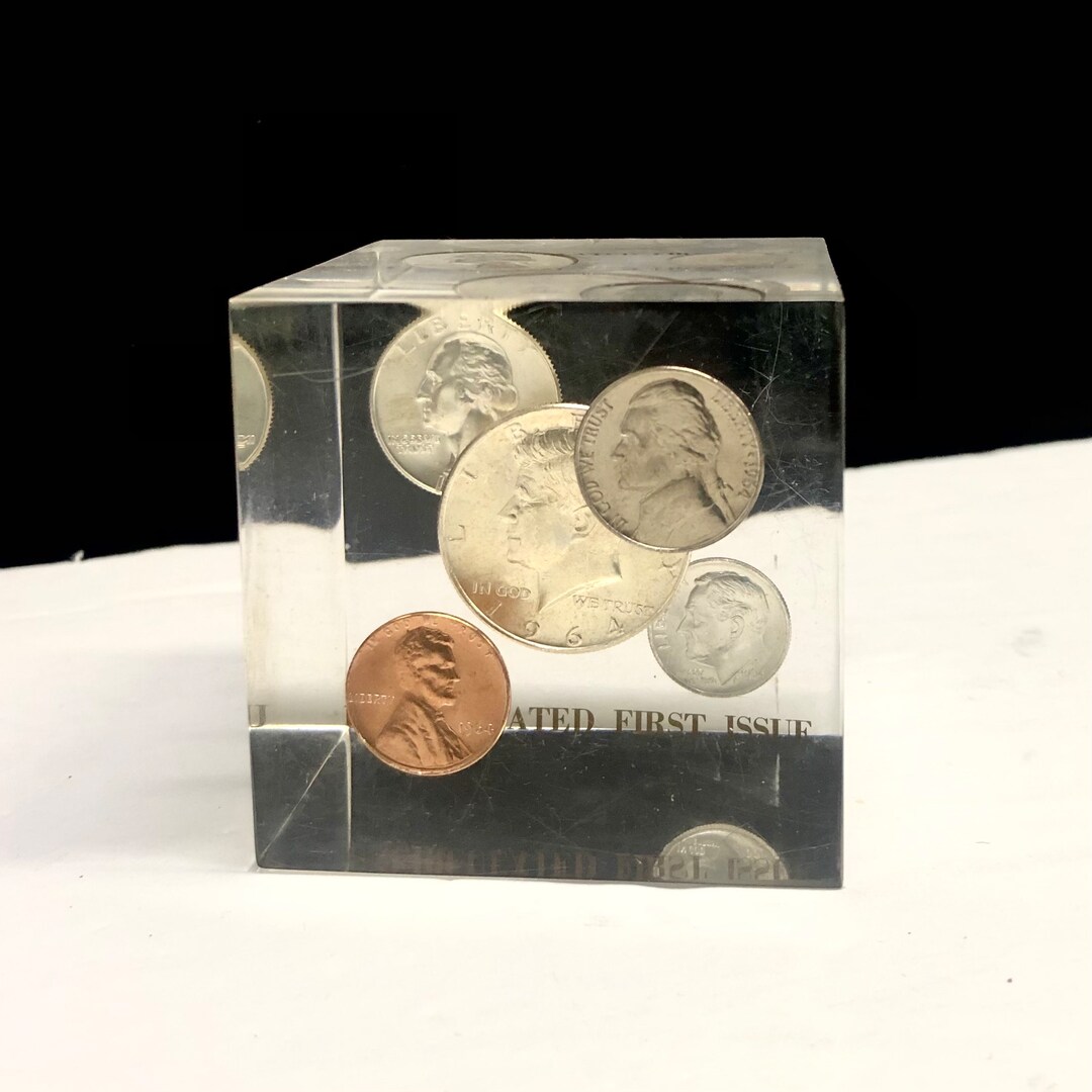 Vintage 1964 Uncirculated First Issue US Coins in Lucite Acrylic ...
